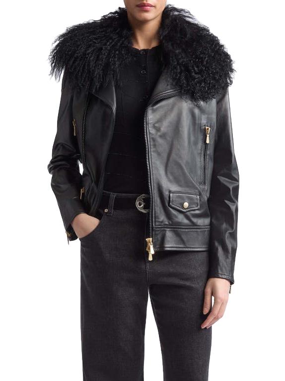 ELEVENTY Eleventy Genuine Shearling Collar Leather Biker Jacket